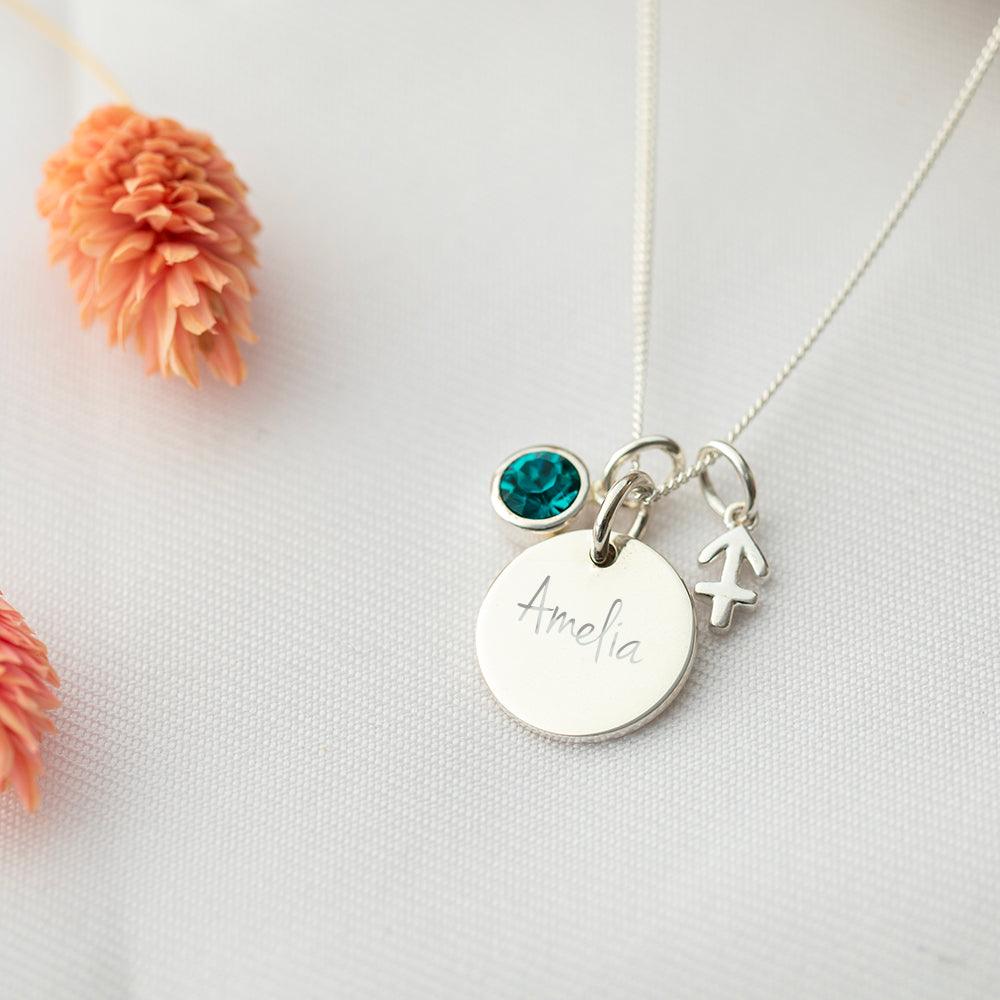 Birth Sign Engraved Necklace with Birthstone and Sterling Silver Charm ...