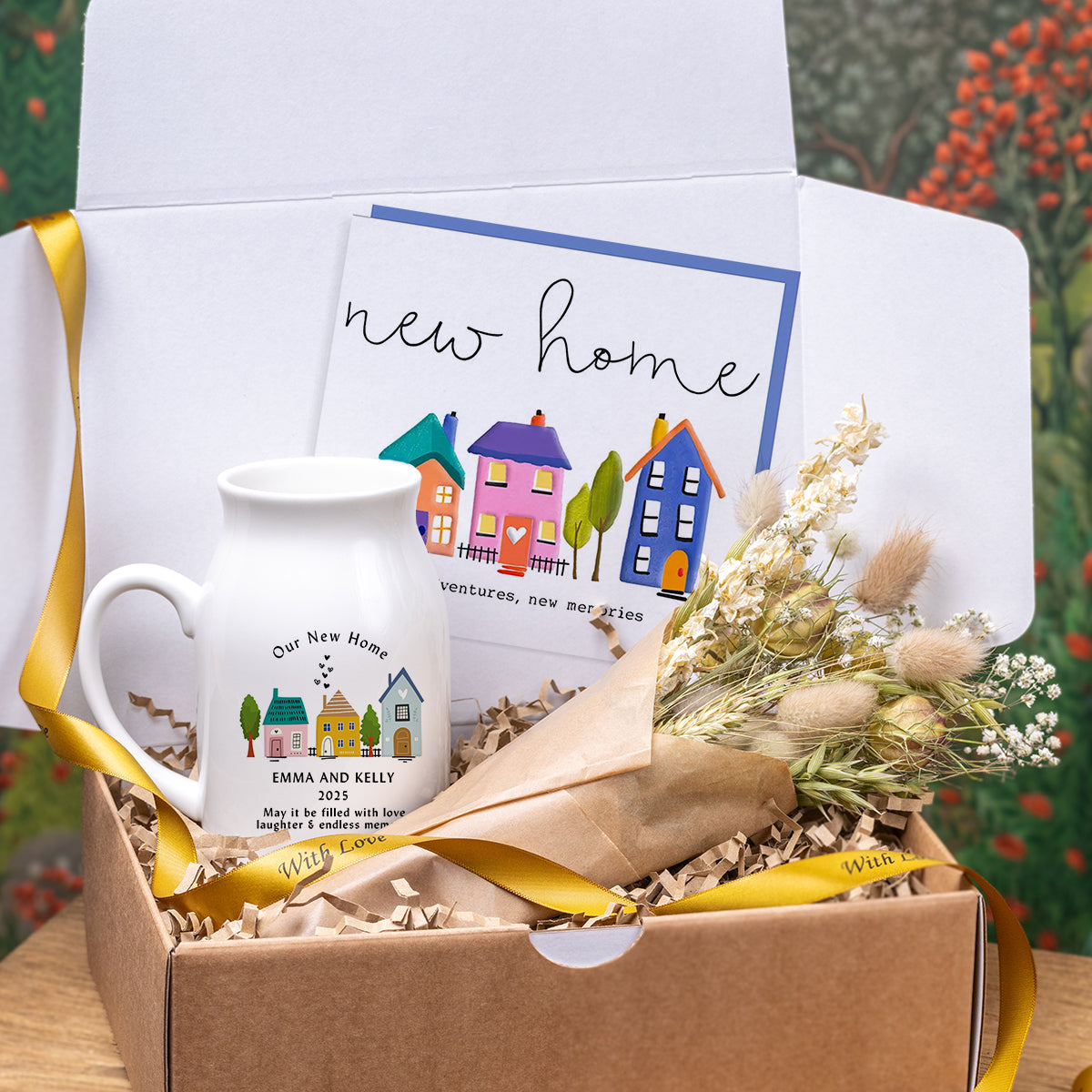 New Home Gifts - Vase & Dried Flowers Gift Box - Colourful Houses ...